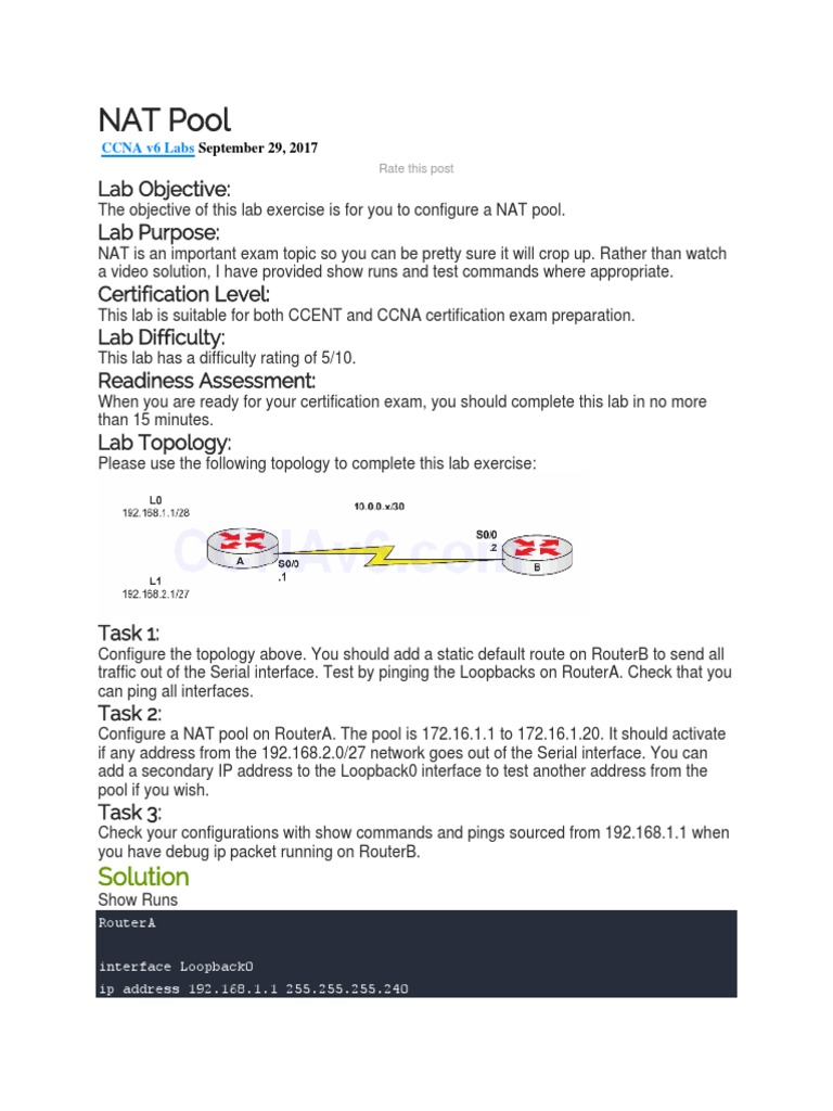 NAT Pool: Lab Objective: Lab Purpose: Certification Level: Lab Difficulty: Readiness Assessment ...