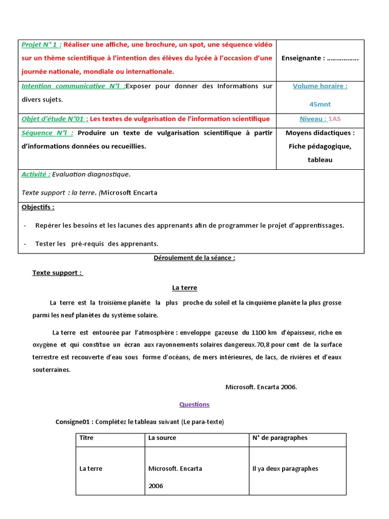 Évaluation Diagnostique 1AS Français | PDF | Terre | Soleil