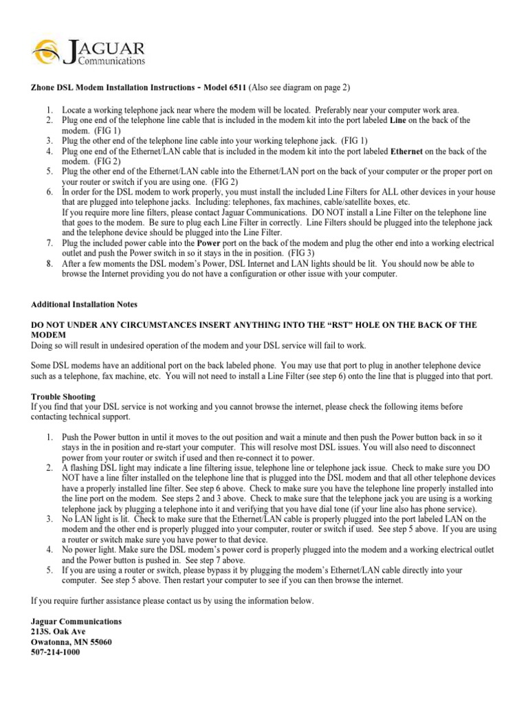 Zhone 6511 DSL Modem Setup Guide | PDF | Digital Subscriber Line | Modem