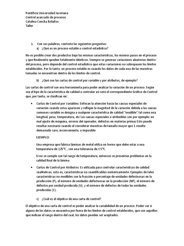 Taller Cartas de Control | PDF | Science | Ciencia y Tecnología