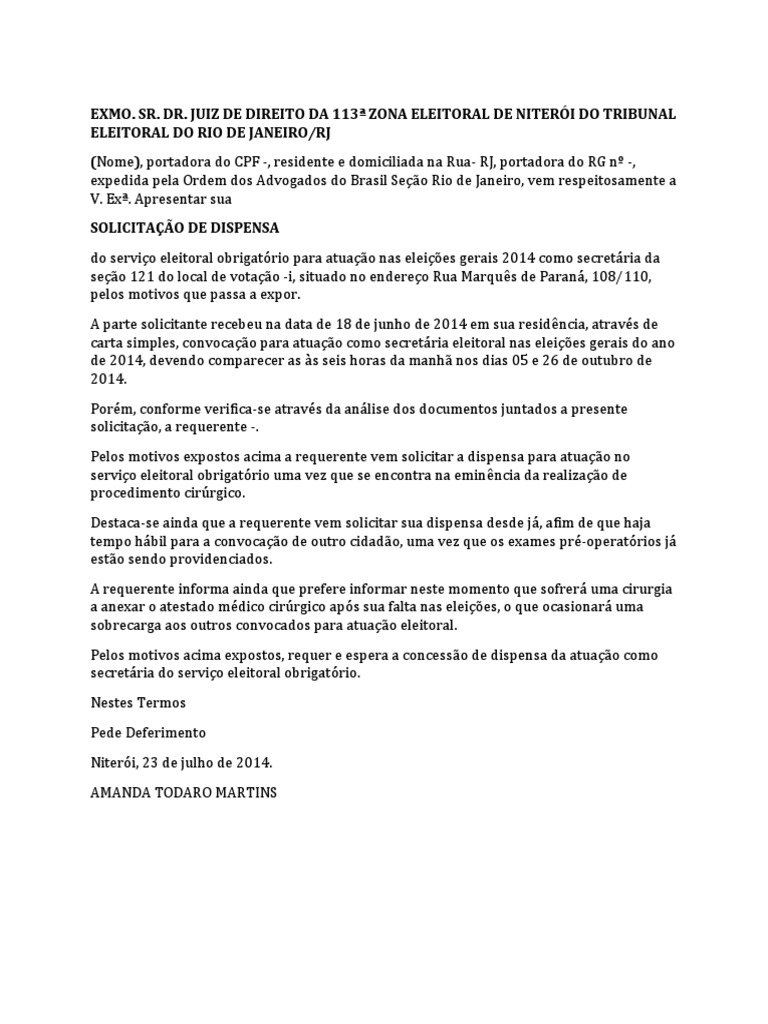Modelo Solicitação de Dispensa de Serviço Eleitoral | PDF