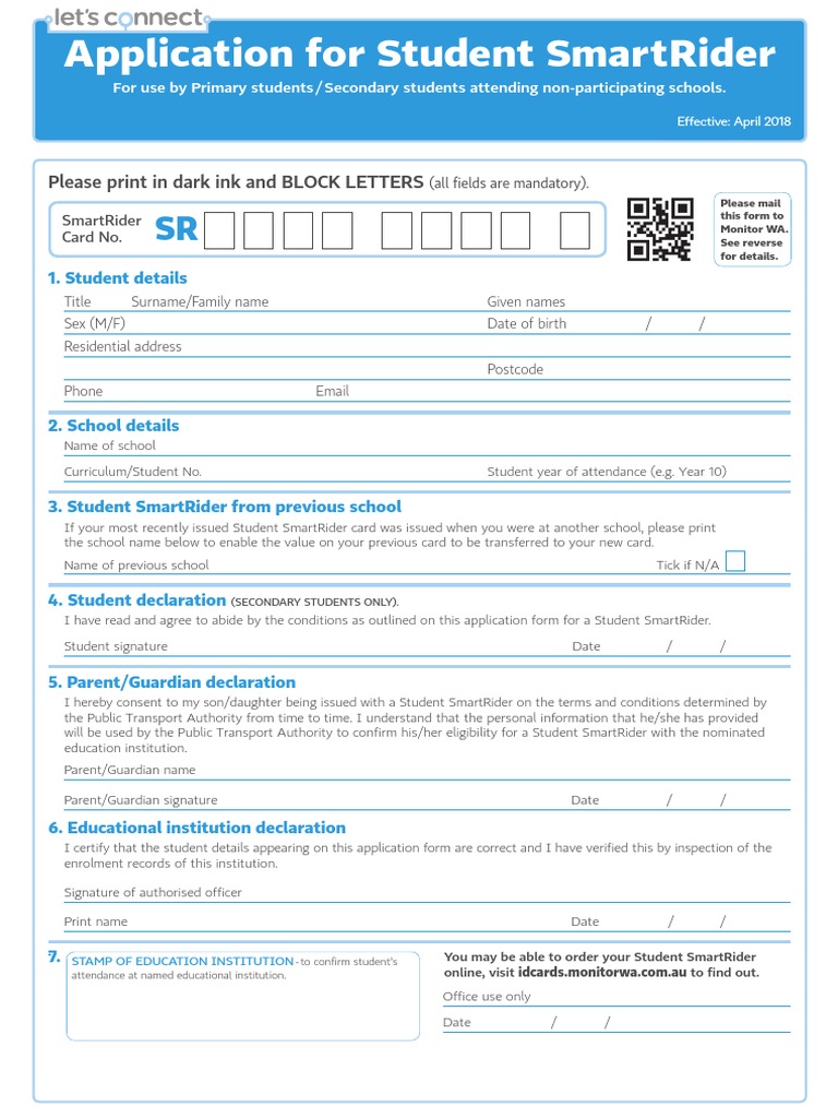 Application For Student Smartrider: Please Print in Dark Ink and Block ...