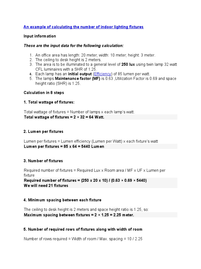 An Example of Calculating The Number of Indoor Lighting Fixtures | PDF