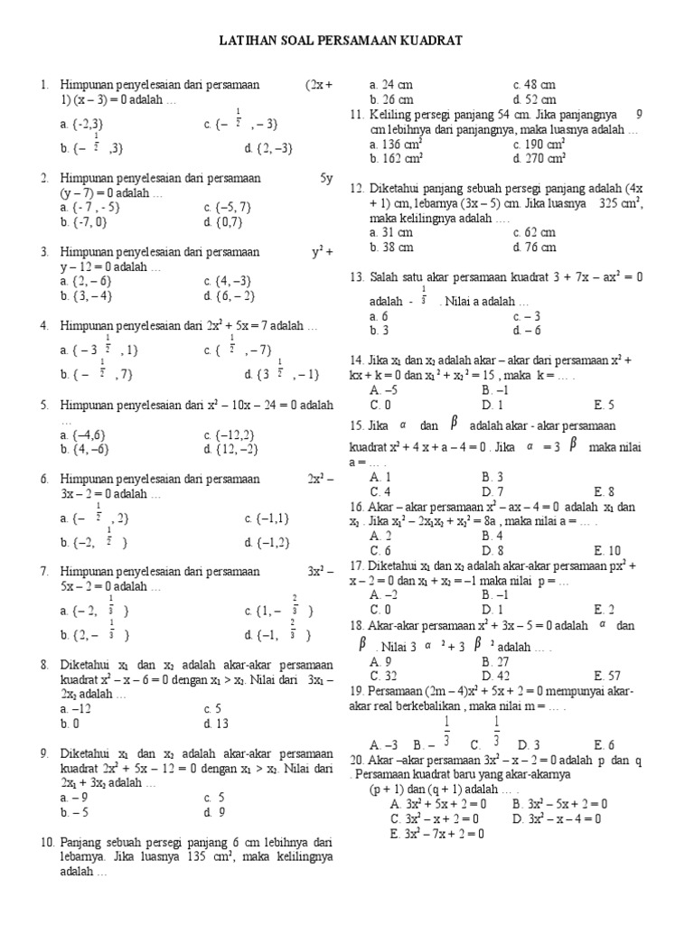Latihan Soal Persamaan Kuadrat | PDF