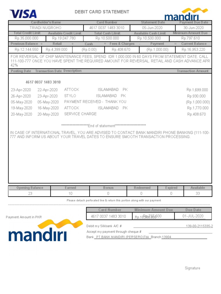 Debit Card Statement: Please Detach Perforated Line & Return This ...
