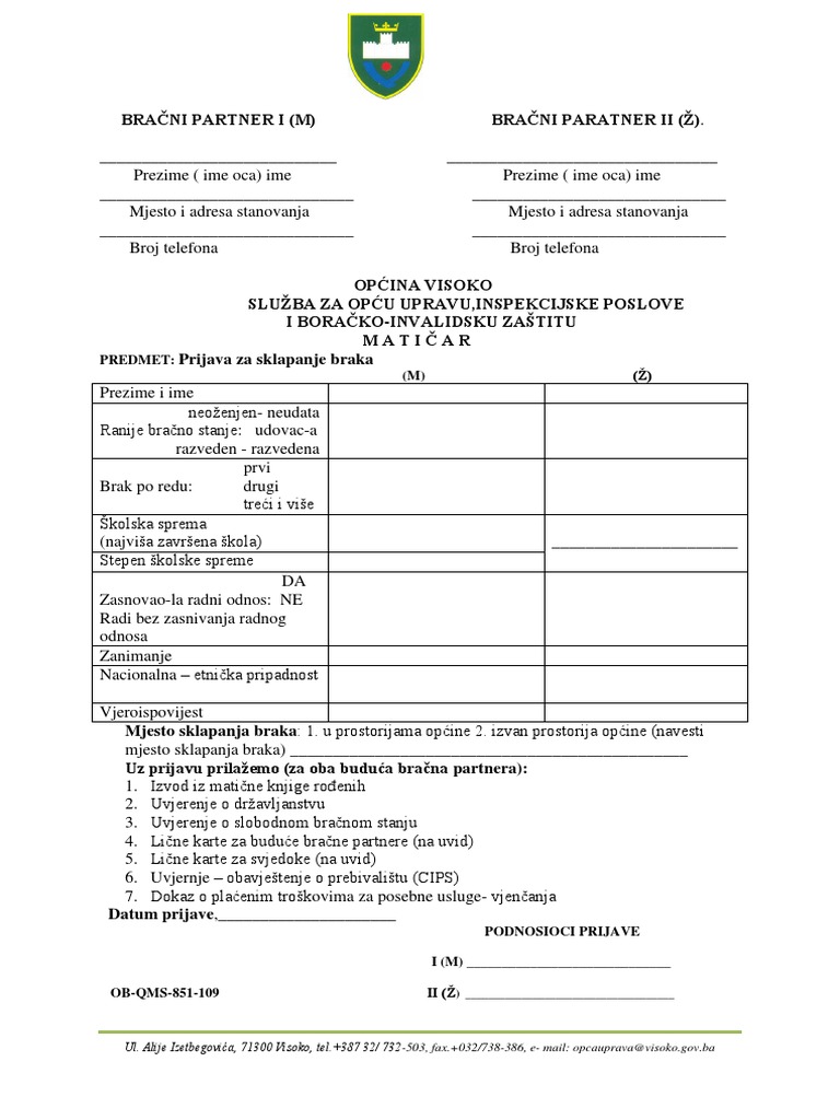 Prijava Za Sklapanje Braka | PDF