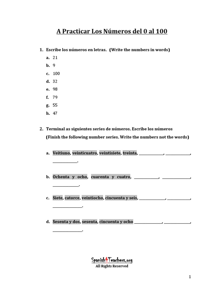 Ejercicios de Números en Español | PDF