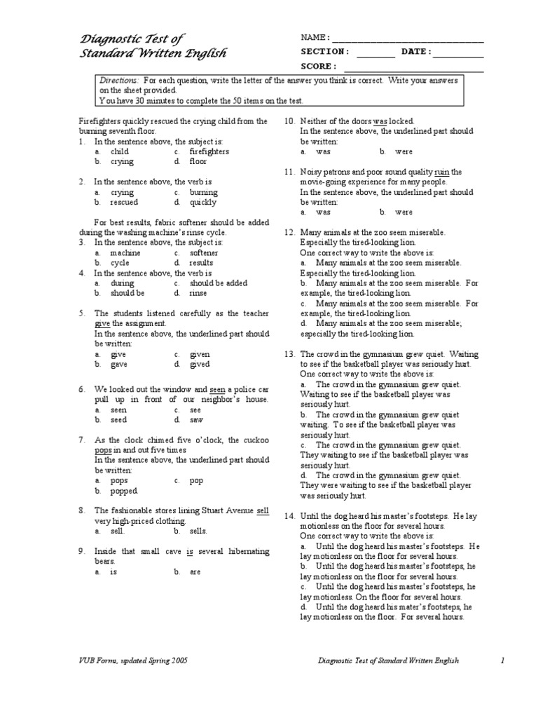 Diagnostic Test of Standard English | PDF | Grammar | Language Mechanics