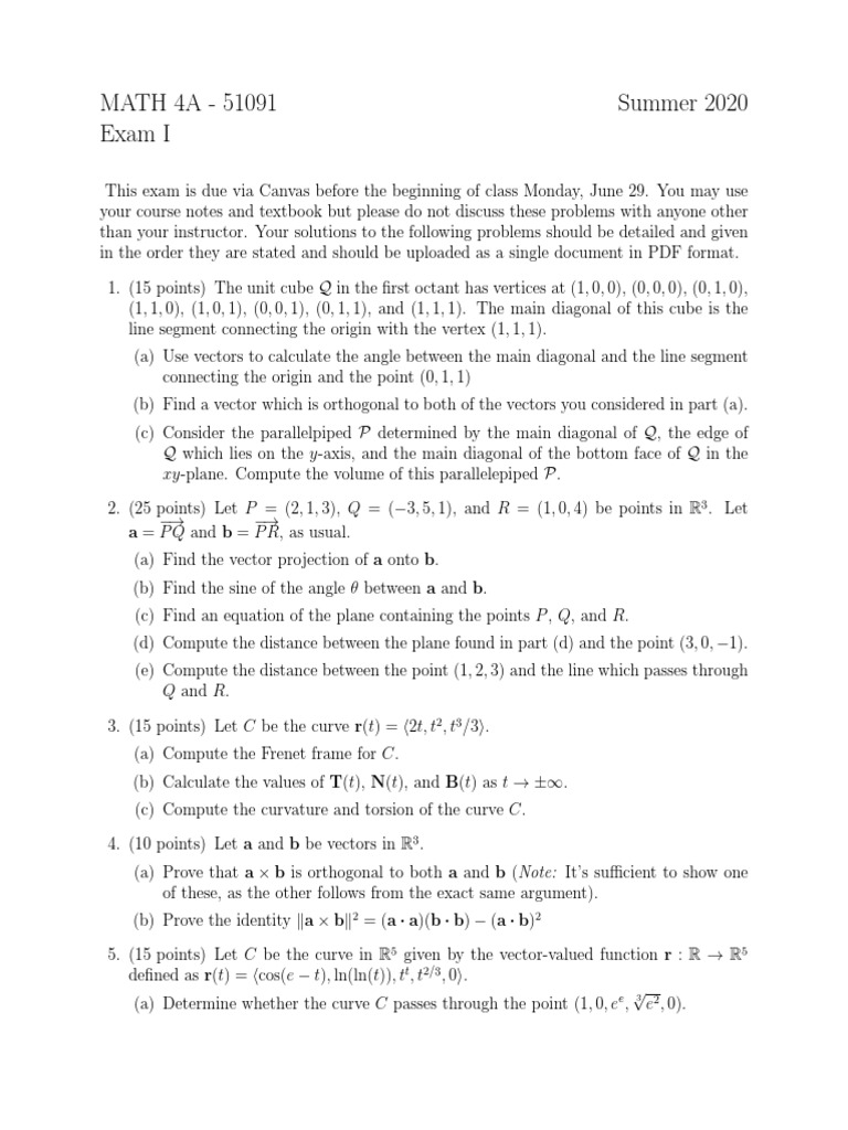 MATH 4A - 51091 Summer 2020 Exam I | PDF | Differential Topology | Calculus