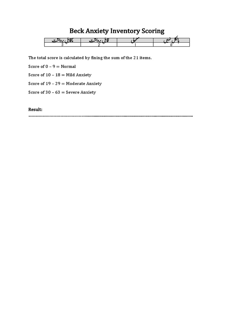 Beck Anxiety Inventory Scoring | PDF