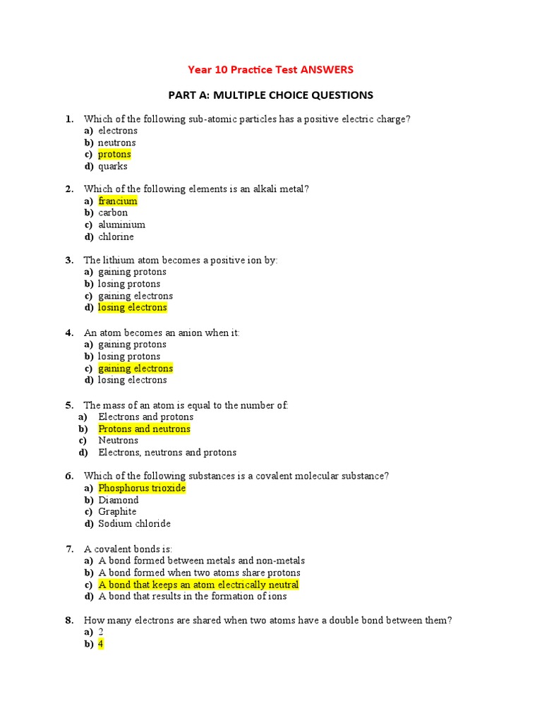 ANSWERS - Yr 10 Chem Practice Test Questions | PDF | Ion | Ionic Bonding