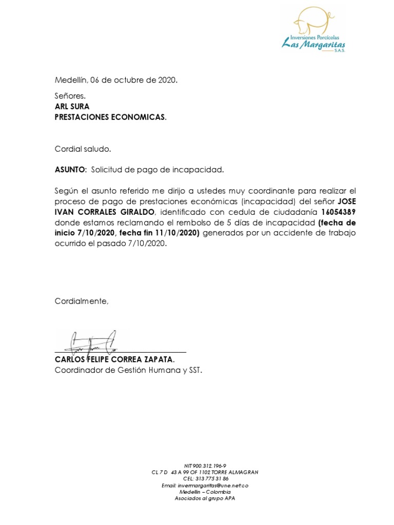 Carta de Incapacides ARL SURA | PDF Carta de Incapacides ARL SURA | PDF