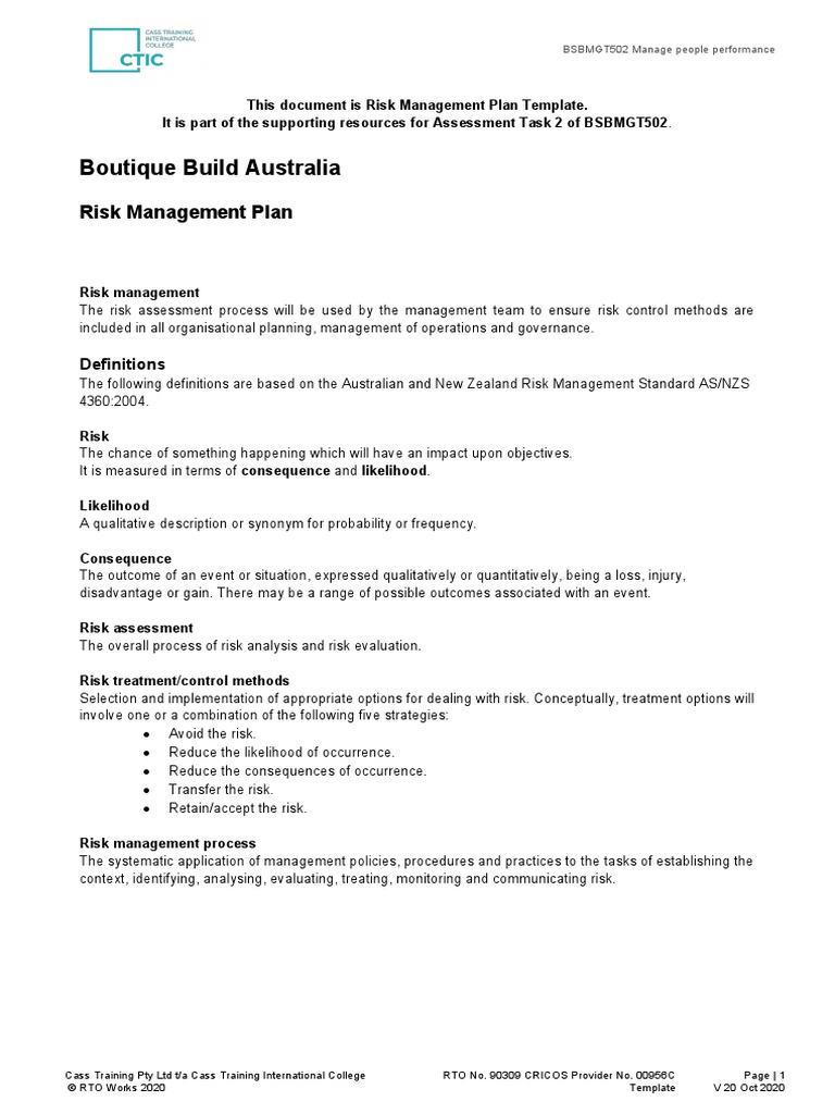 BSBMGT502 Template Task 2 - Risk Management Plan Template | PDF | Risk ...