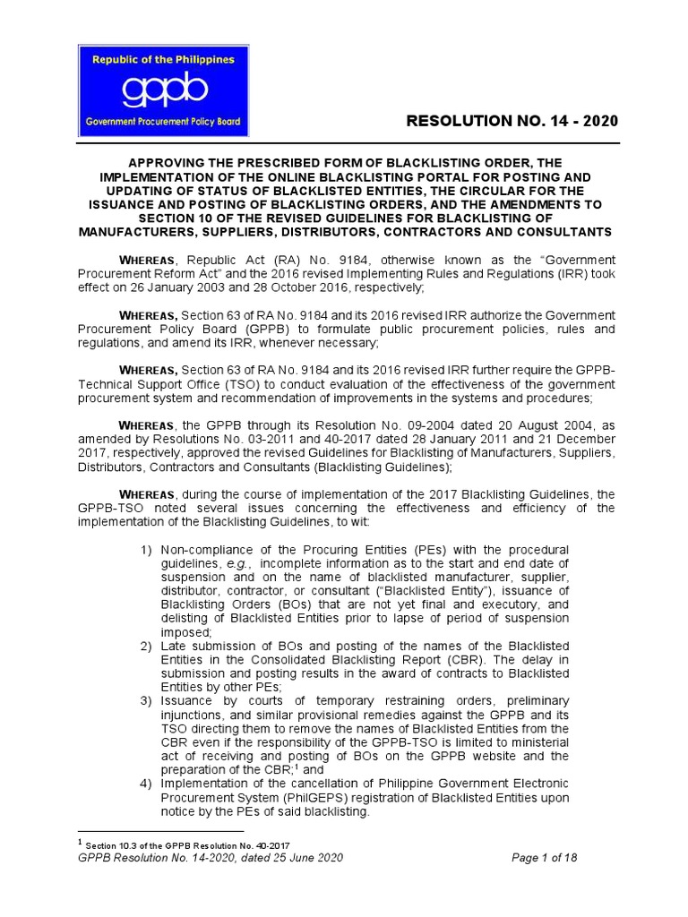 GPPB Resolution No. 14-2020 | PDF | Government Information | Business