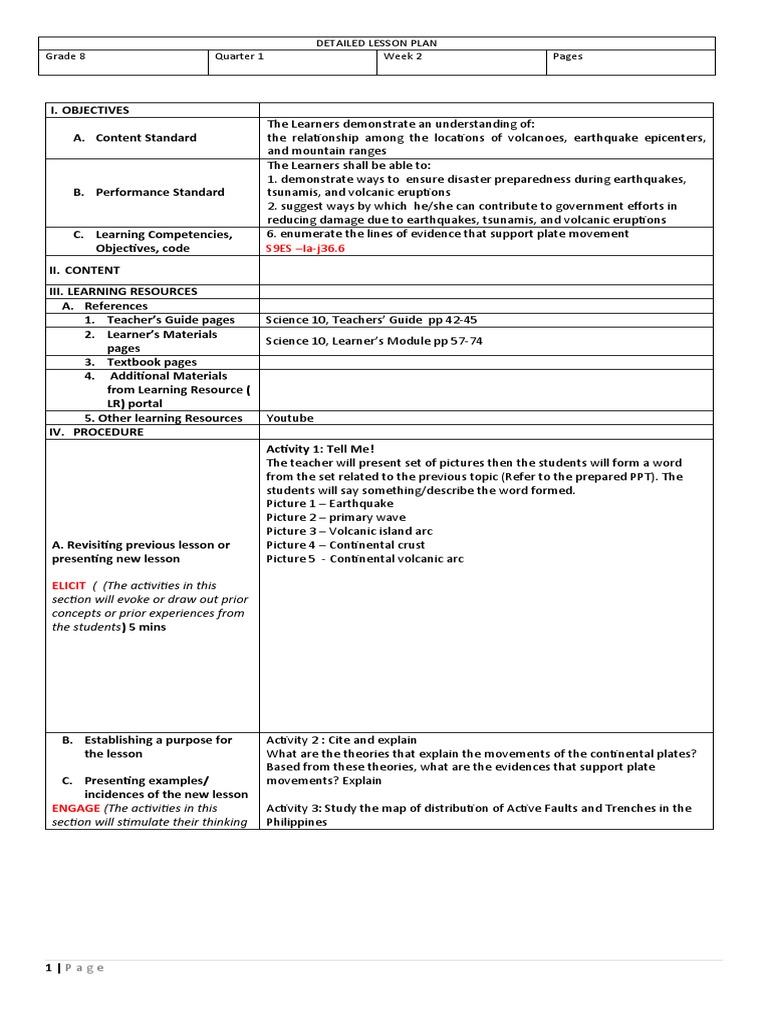 S9ES - Ia-J36.6: Detailed Lesson Plan Grade 8 Quarter 1 Week 2 Pages ...