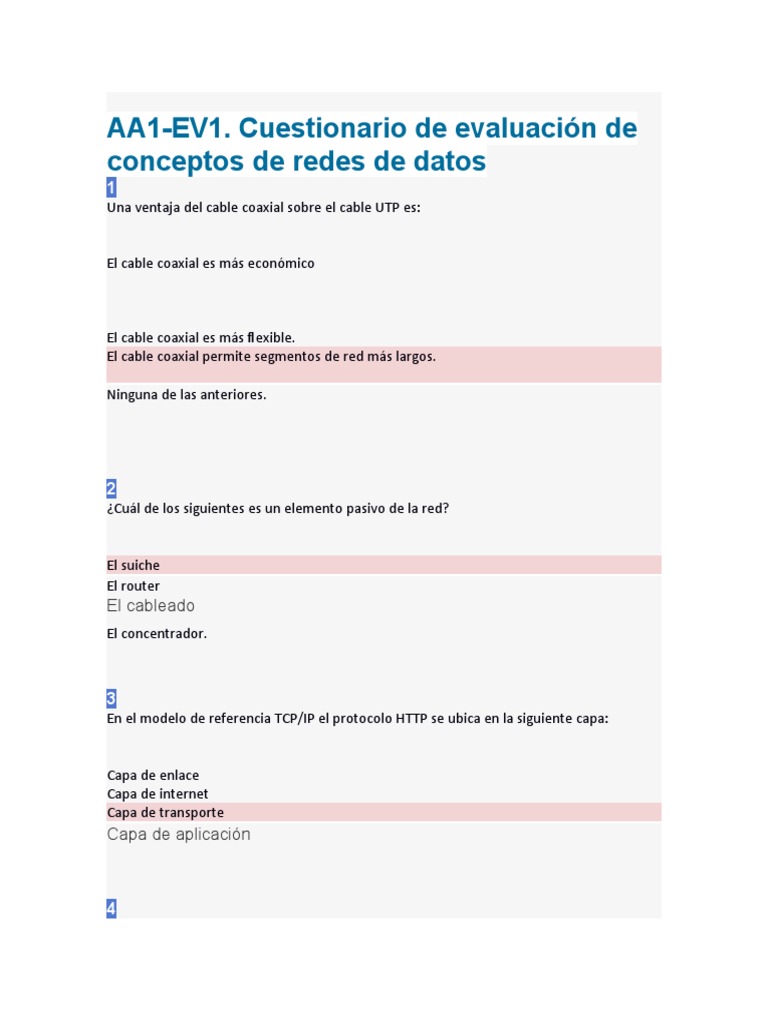 AA1-EV1. Cuestionario de Evaluación de Conceptos de Redes de Datos | PDF | Protocolos de ...