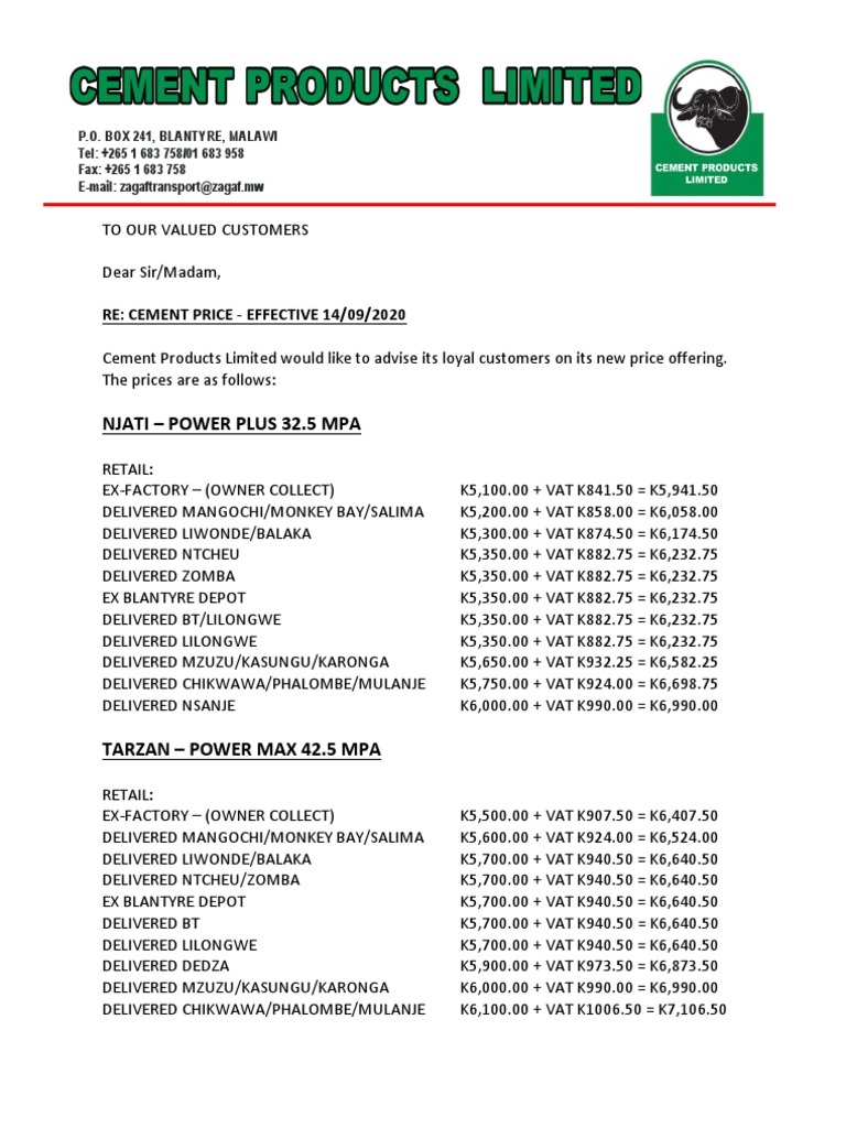 Cement Retail Price List September 2020 | PDF | Business