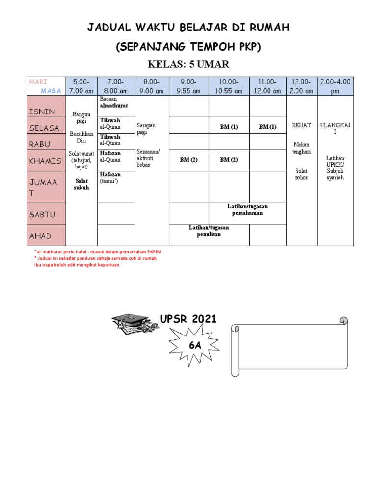 Jadual Waktu Belajar Di Rumah | PDF