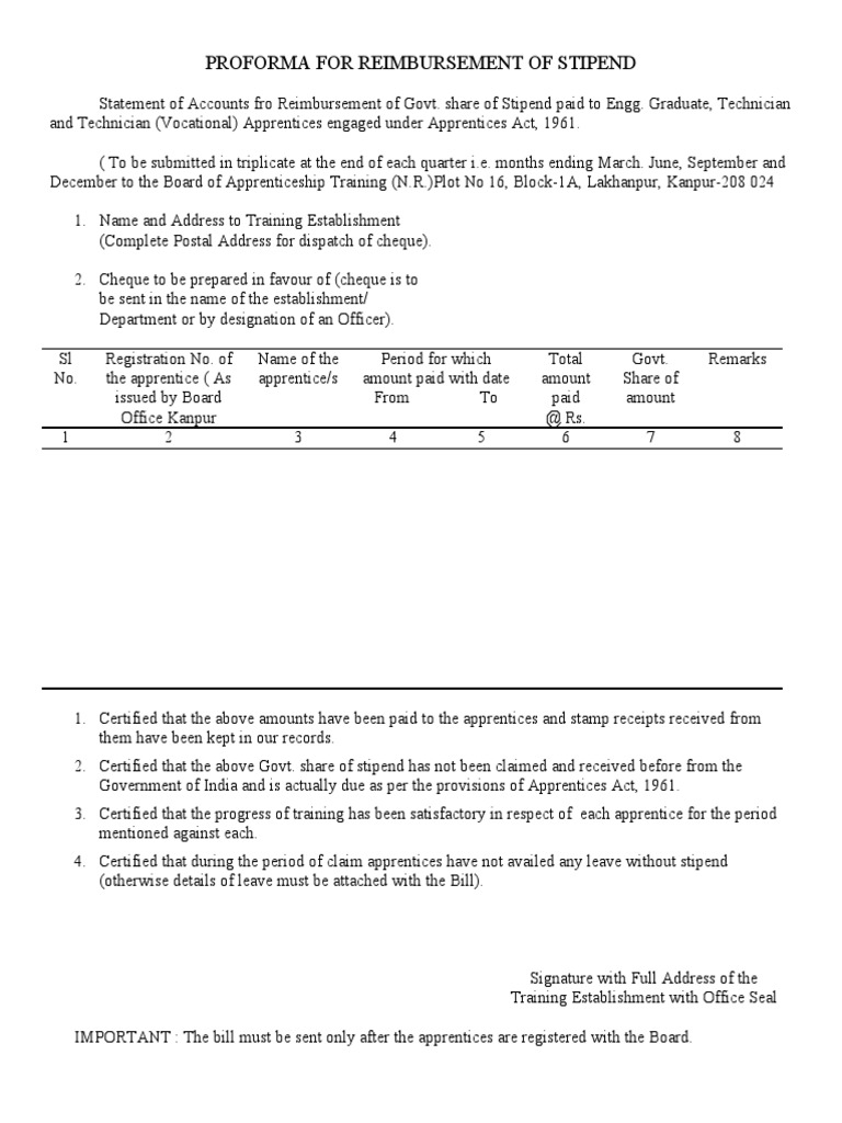 Proforma For Reimbursement of Stipend | PDF