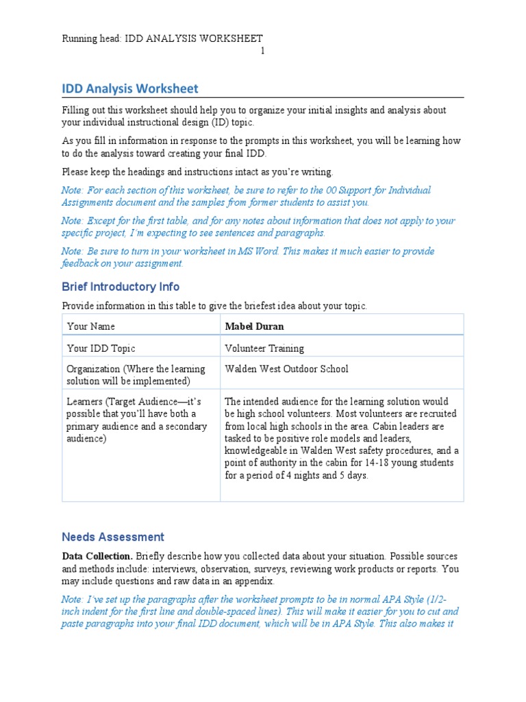 IDD Analysis Worksheet: Brief Introductory Info | PDF | Educational ...