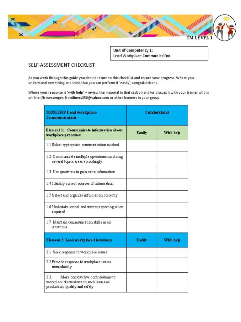 Self-Assessment Checklist: TM Level 1 | PDF | Occupational Safety And ...