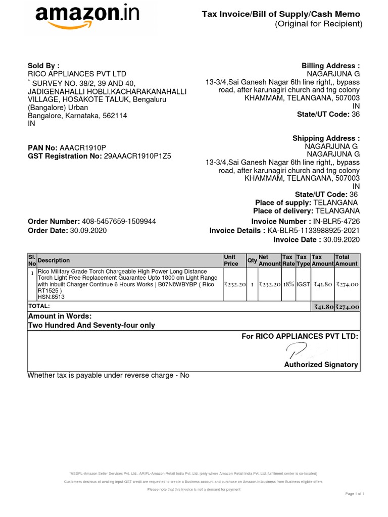 Tax Invoice/Bill of Supply/Cash Memo: (Original For Recipient) | PDF ...