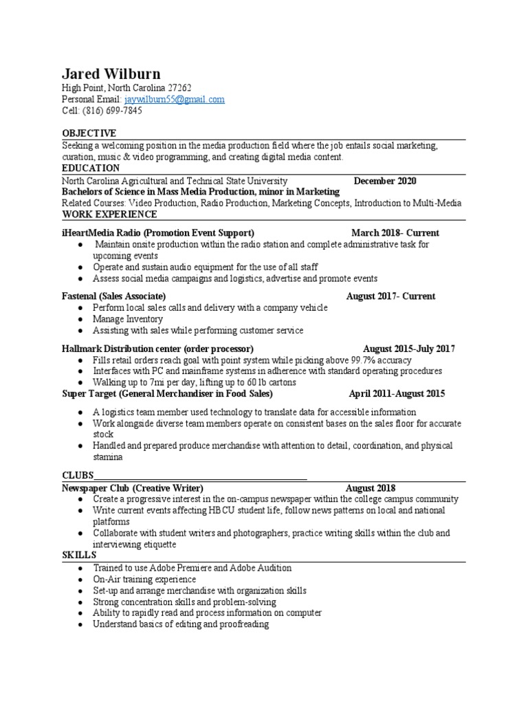 Jared Resume Final Pdf Mass Media Sales