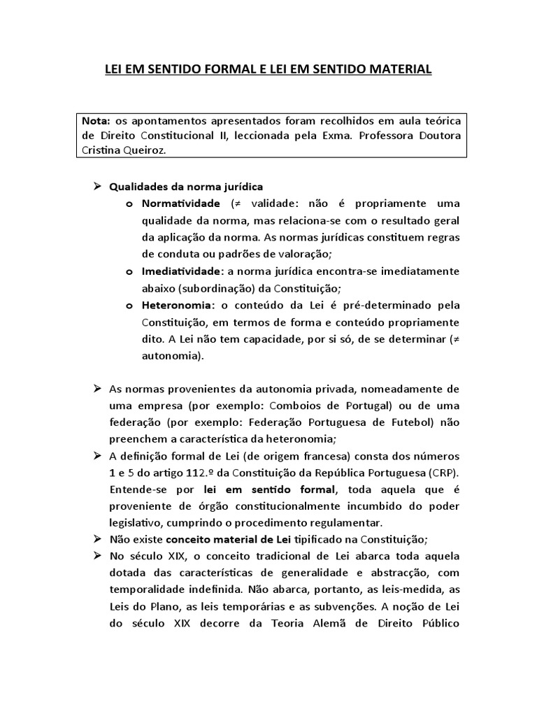 Lei em Sentido Formal e Lei em Sentido Material | PDF