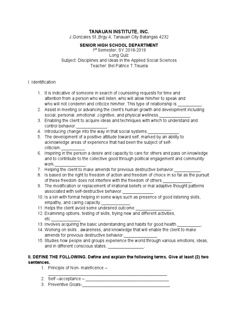 Long Quiz Prelim Diass Pdf Social Science Science