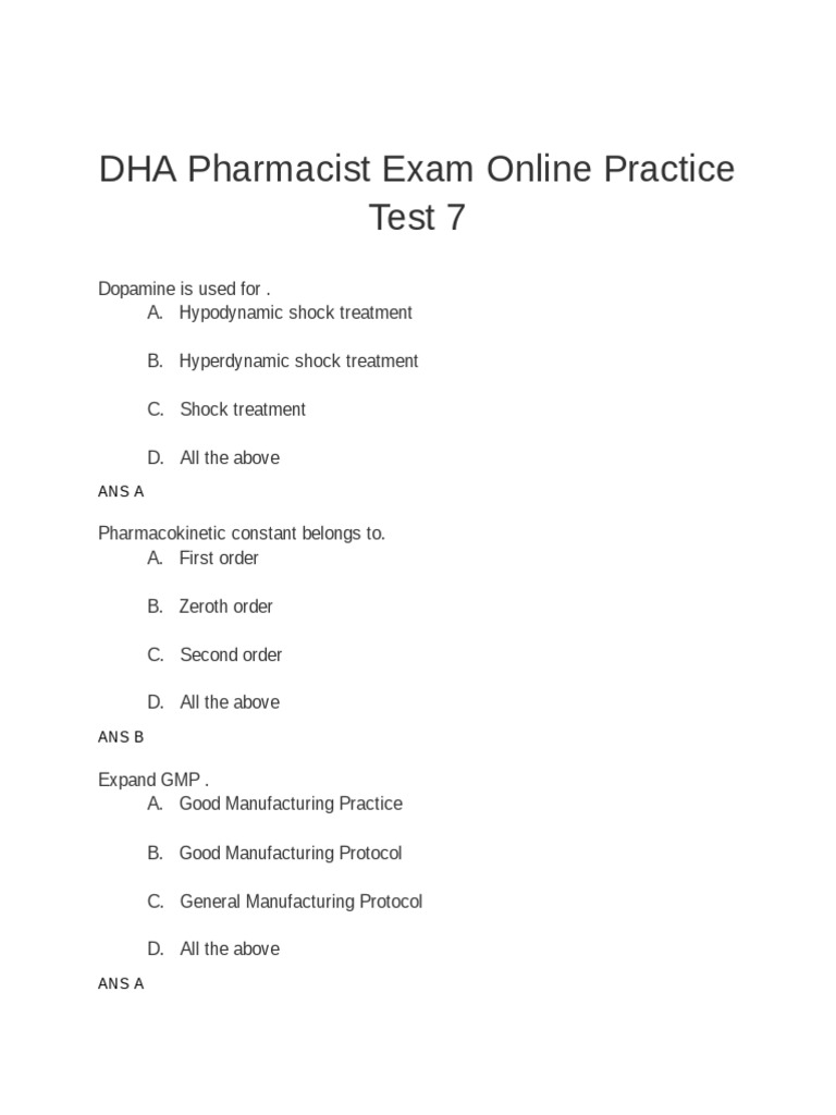 DHA Pharmacist Exam Online Practice Test 7 | PDF | Shock (Circulatory ...
