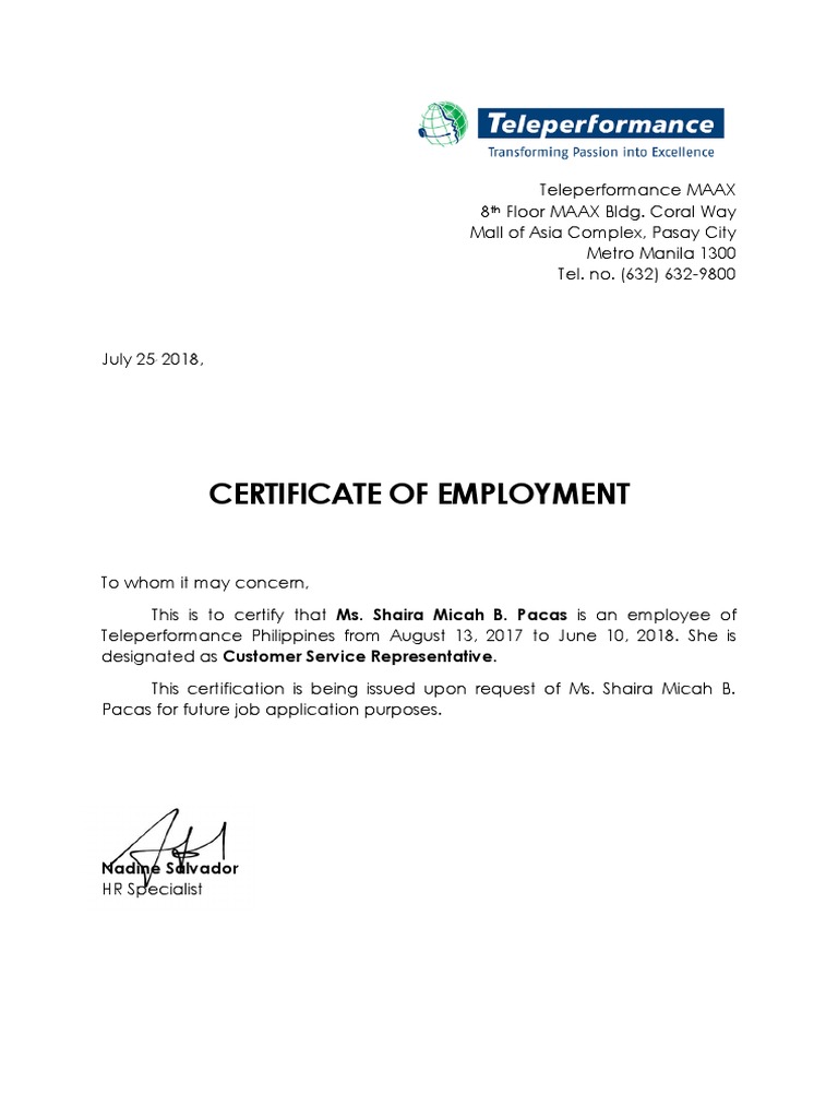 CERTIFICATE OF EMPLOYMENT (Teleperformance) | PDF
