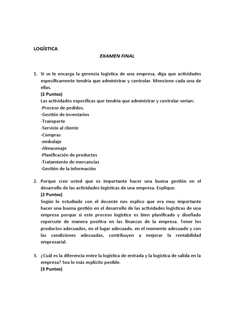 Examen Final-Logistica | PDF | Logística | Inventario