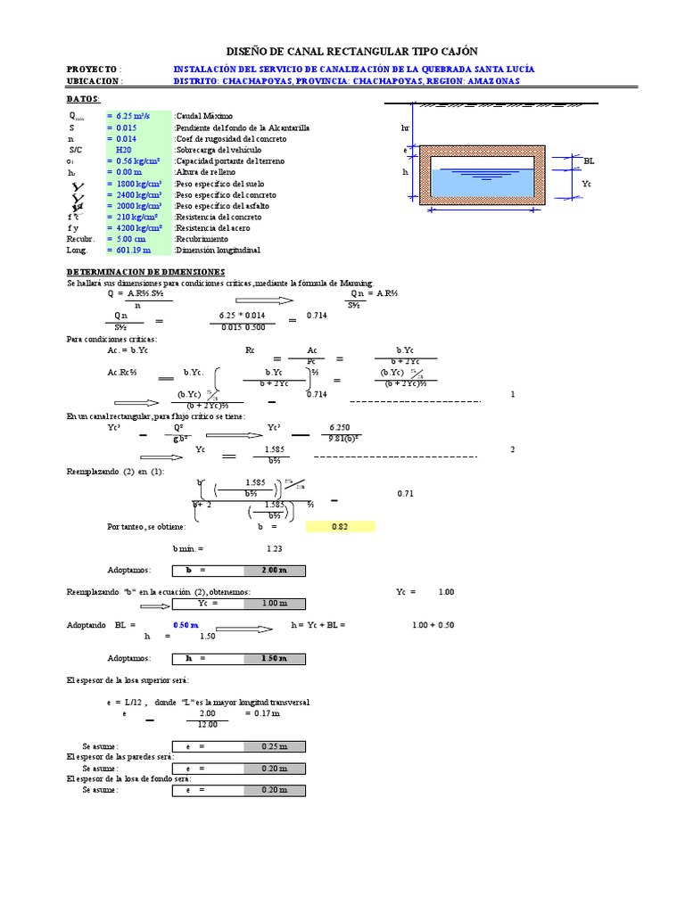 Diseño de canal rectangular para la quebrada Santa Lucía | PDF ...