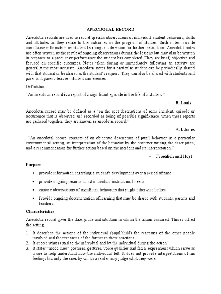 Anecdotal Record: Definition | PDF | Teachers | Behavior