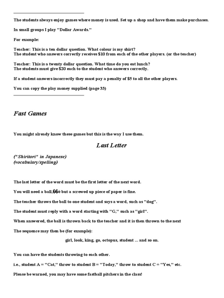 Fast Games: ("Shiritori" in Japanese) (Vocabulary/spelling) | PDF