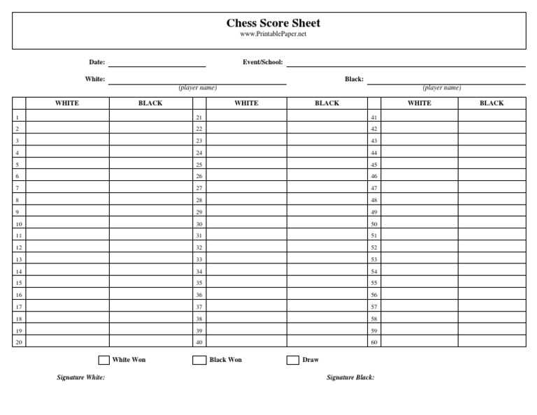 Chess Score Sheet PDF | PDF | Competitive Games | Board Games Competitions