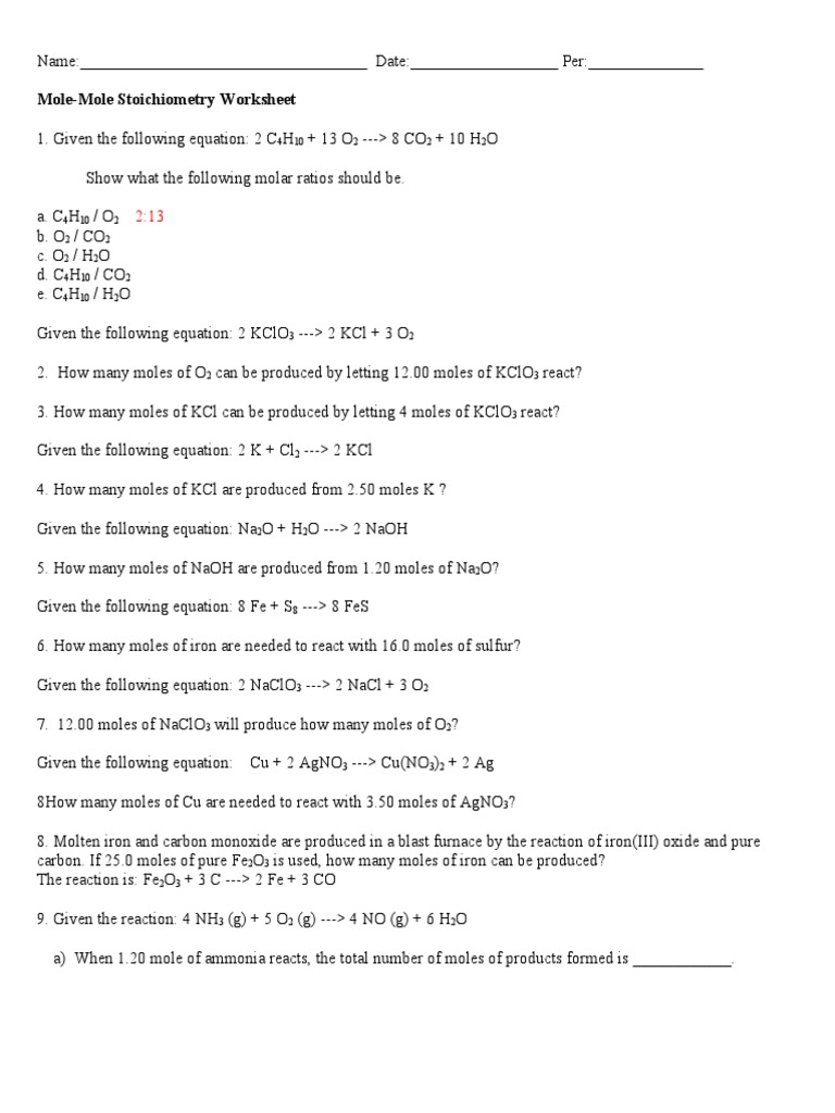 Mole-Mole Worksheet | PDF | Iron | Stoichiometry