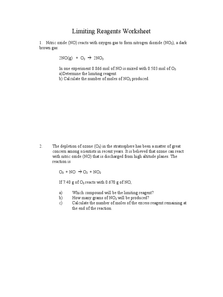 Limiting Reagents Worksheet | PDF | Mole (Unit) | Nitrogen Dioxide