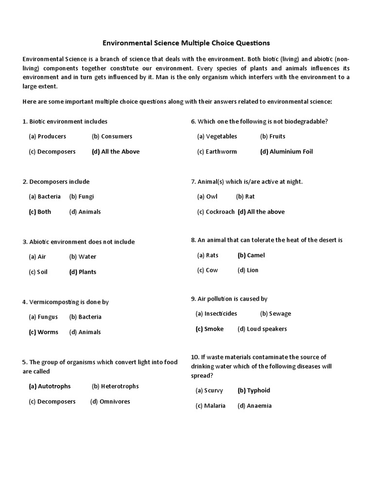 Environmental Science Multiple Choice Questions | PDF | Plants | Fungus