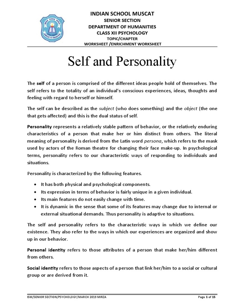 Understanding the Self and Personality: A Comprehensive Worksheet on ...