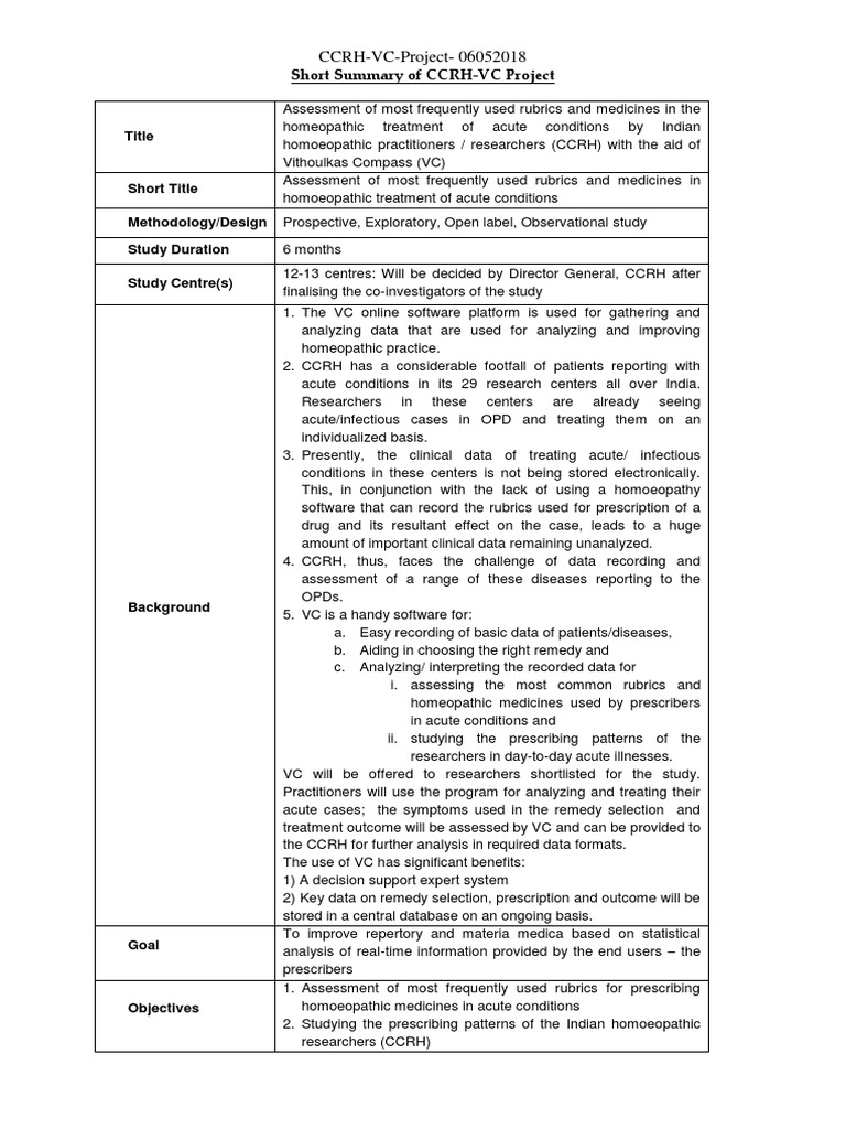 Short Summary of CCRH-VC Project | PDF | Homeopathy | Medical Prescription