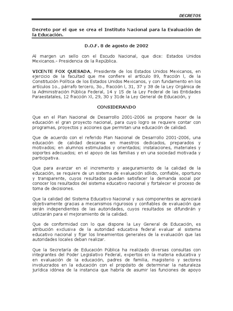 Decreto Creacion INEE | Descargar gratis PDF | Evaluación | México