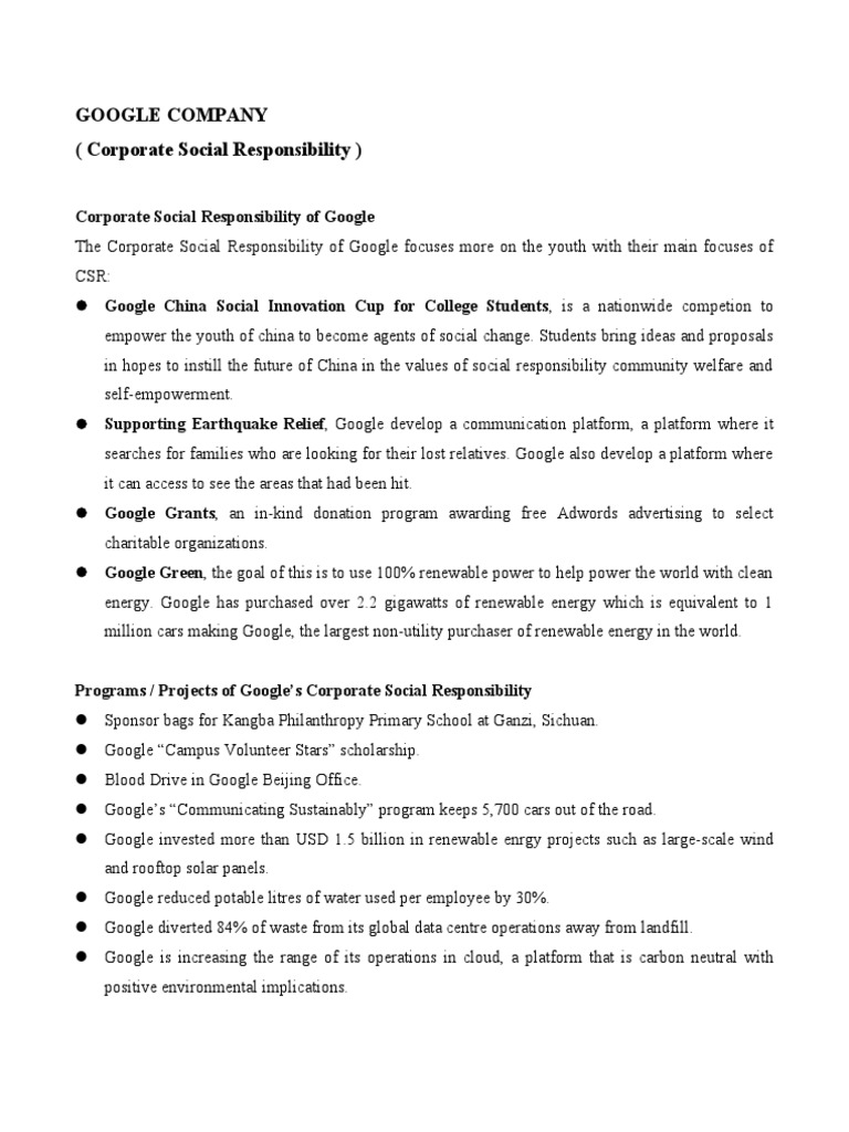 Corporate Social Responsibility of Google | PDF | Corporate Social ...