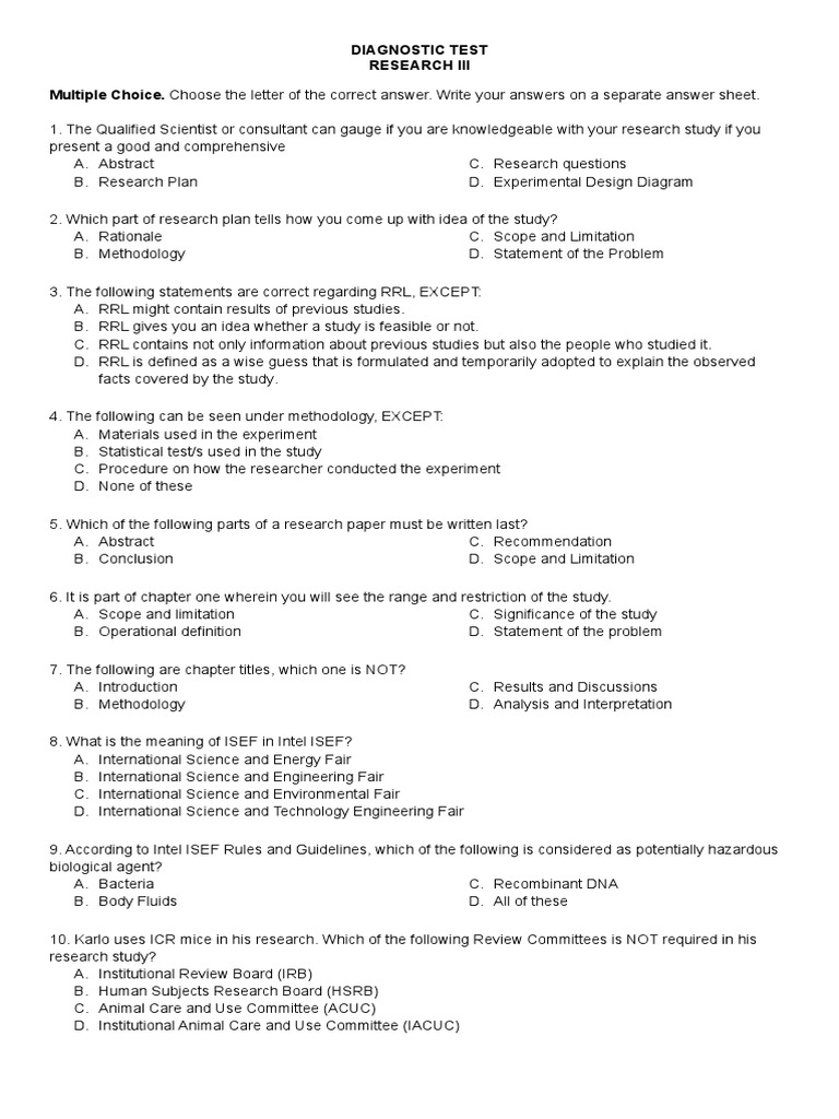 Diagnostic Test Research Iii Multiple Choice. Choose The Letter of The ...