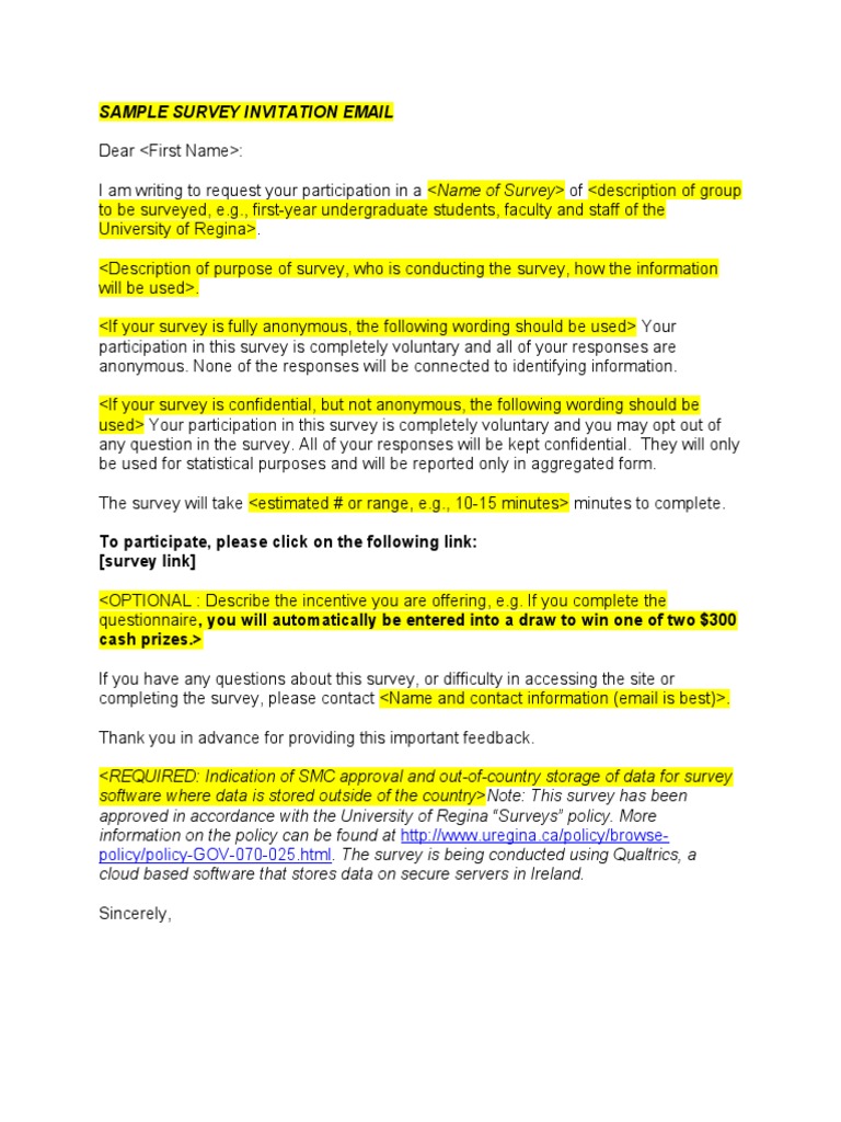 Sample Survey Invitation Email: To Participate, Please Click On The ...