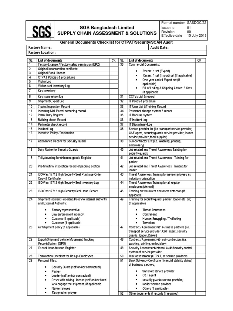 SASDOC-22 - General Documents Checklist For CTPAT or Security or SCAN Audit PDF | PDF | Security ...