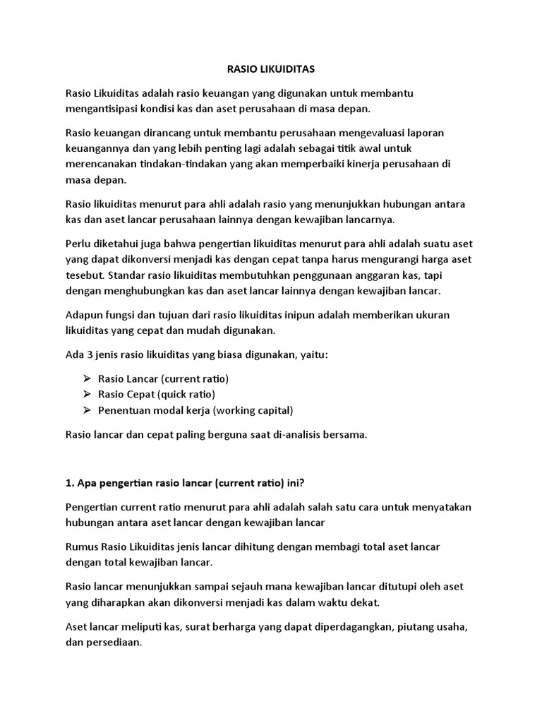 Rasio Likuiditas (Pngertian, Rumus Dan Contoh) | PDF
