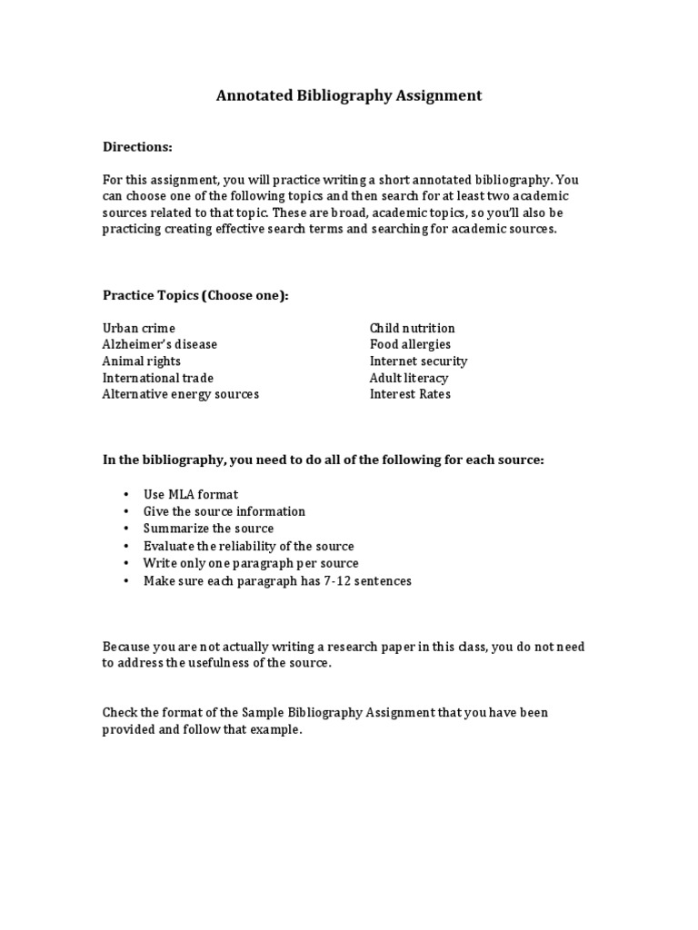 Annotated Bibliography Assignment: Directions | PDF