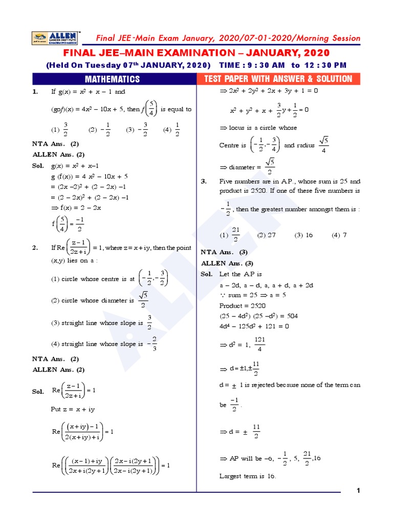 Allen: Final Jee-Main Examination - January, 2020 | PDF | Elementary ...