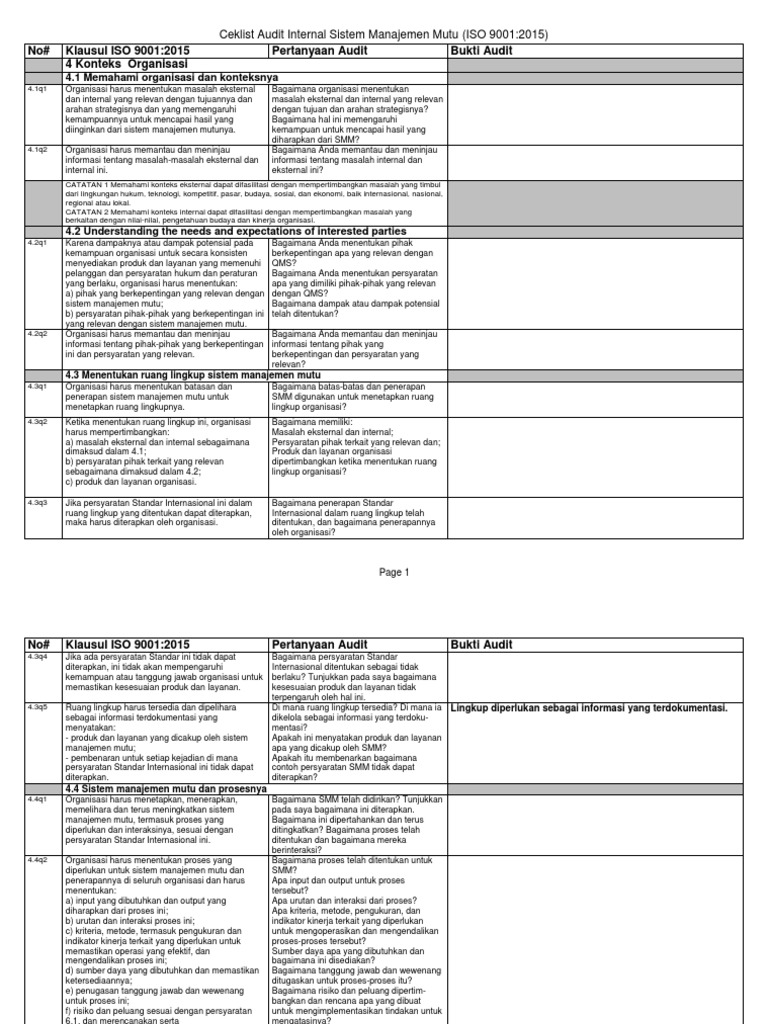 Internal Audit Checklist ISO9001 2015 Versi Bahasa Indonesia | PDF